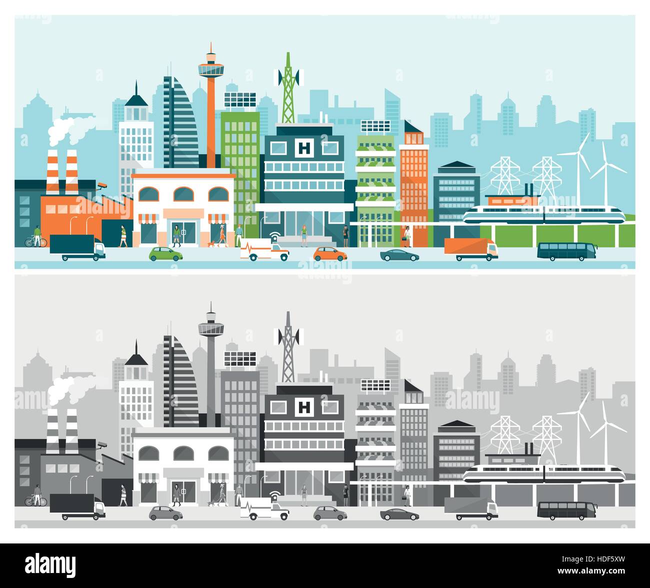 Smart city with contemporary buildings, services, people and traffic on ...