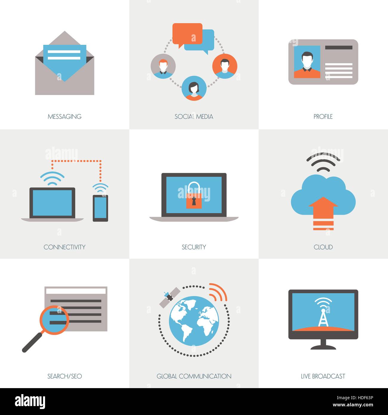 Internet, connection, networks and social media icons set Stock Vector ...