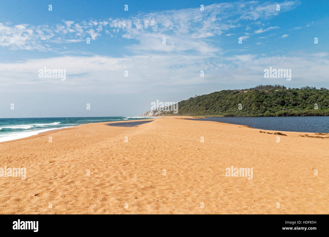 Empty beach and green vegetated dunes estuary and ocean against blue ...