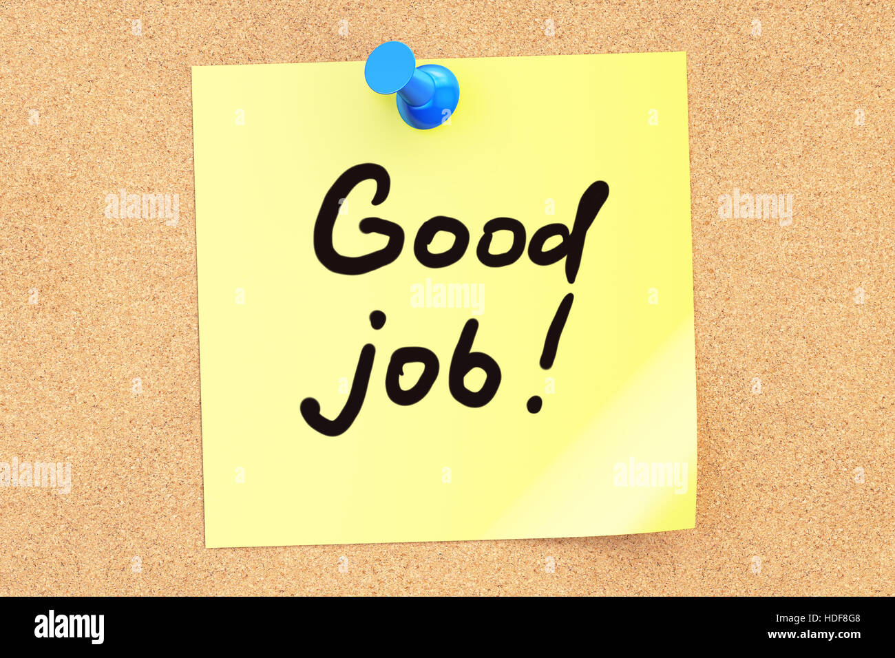Good Job! Text on a sticky note pinned to a corkboard. 3D rendering ...