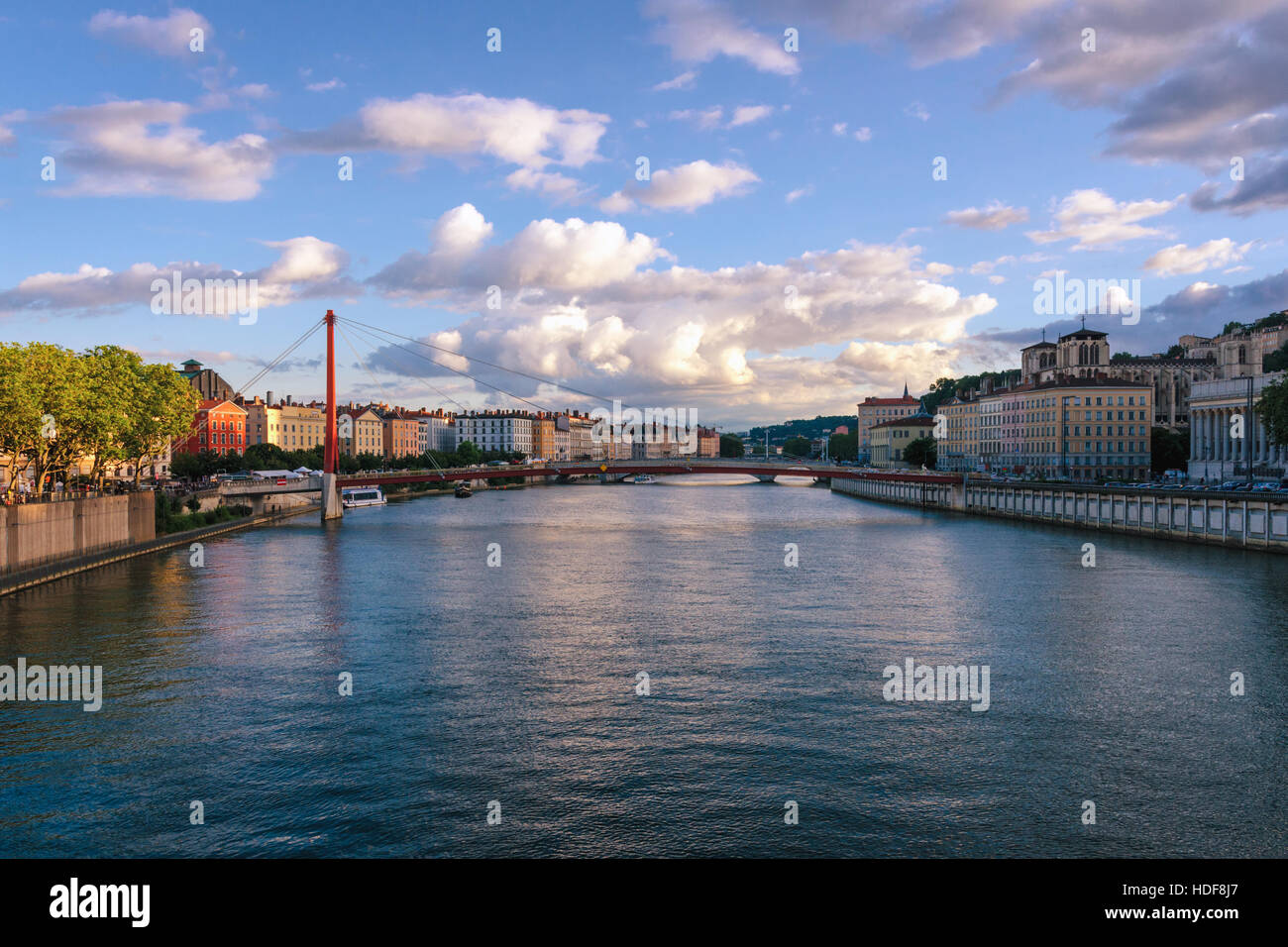 Lyon scenic view on river Saone with Passerelle Saint-Vincent and the ...
