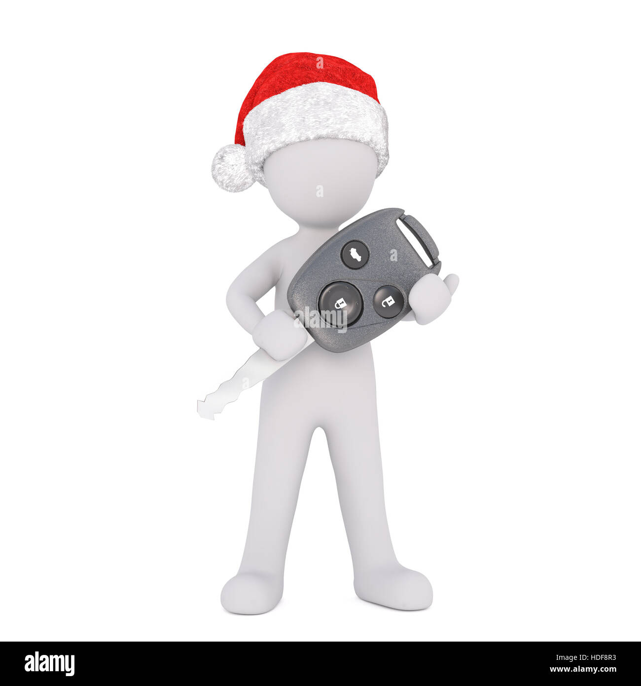 3d man holding a modern car key with remote locking controls while ...