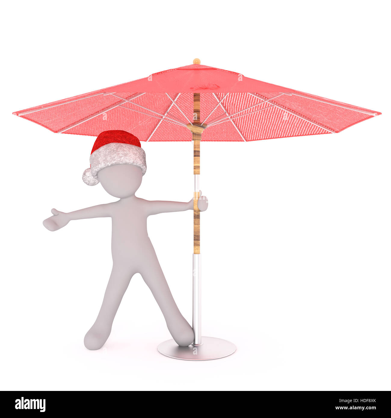 Happy festive 3d man under a beach umbrella or parasol standing ...