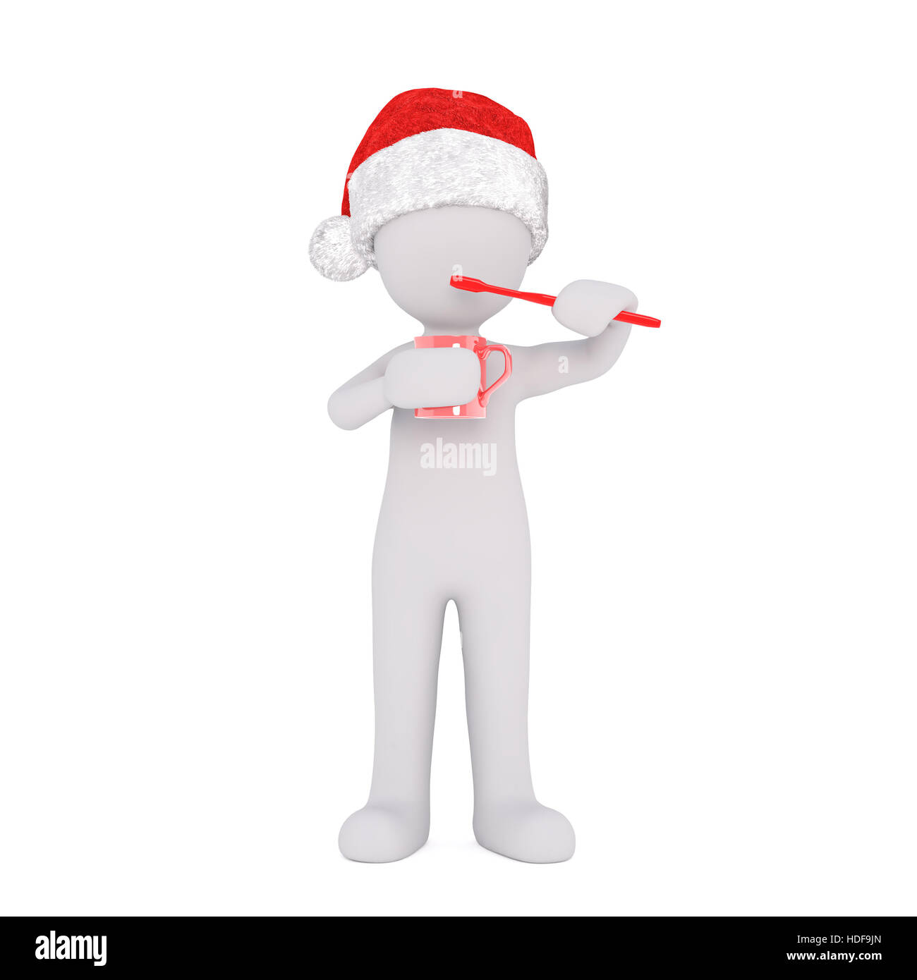 3d man in a red Santa hat standing holding a mug cleaning his teeth ...