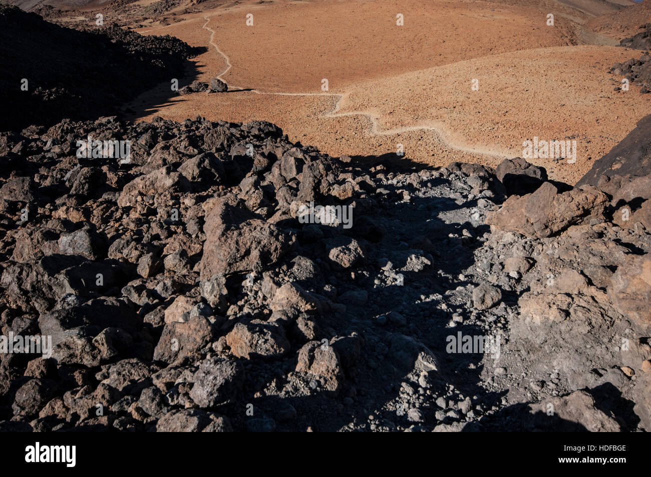 Path through eroded lava field and volcanic landscape of Teide volcano ...