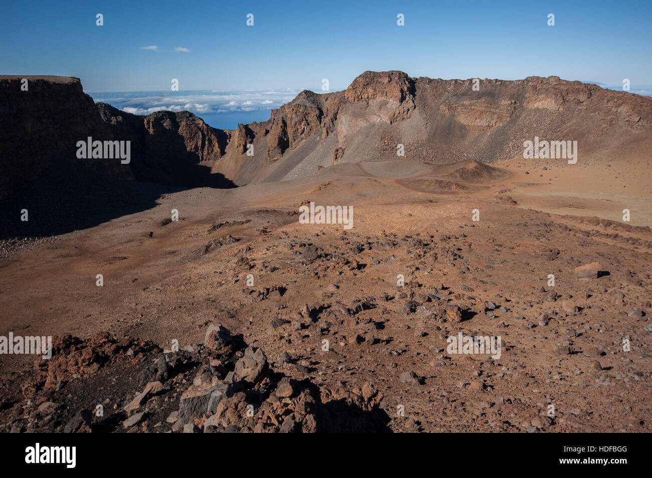 Path through eroded lava field and volcanic landscape of Teide volcano ...