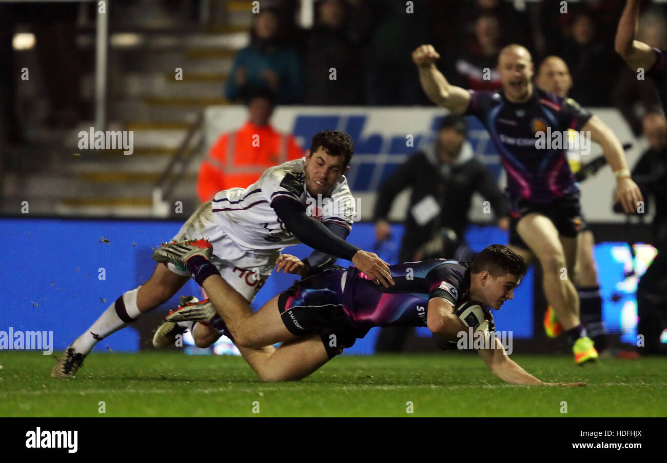 Exeter Chiefs Jack Maunder scores a try during the European Champions ...
