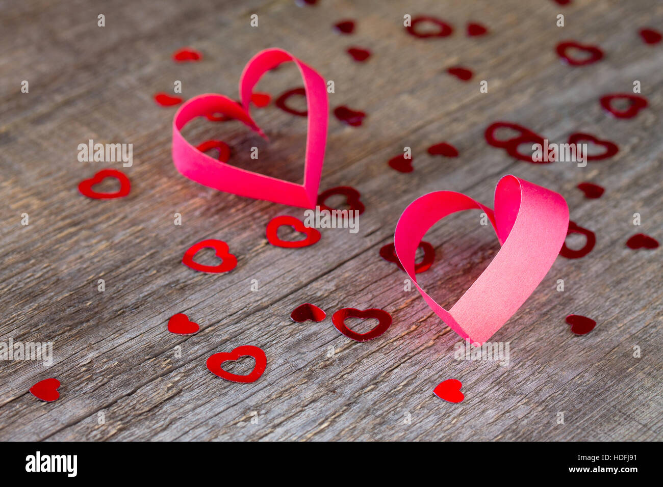 Two paper hearts Valentine, wooden background with heart Stock Photo ...