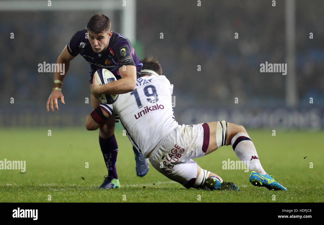 Exeter Chiefs Ollie Devoto is tackled by Bordeaux Begles Luke Jones ...