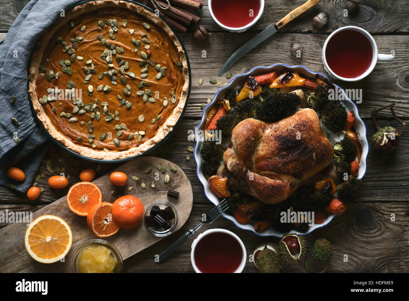 Wooden table served for Thanksgiving dinner top view Stock Photo - Alamy