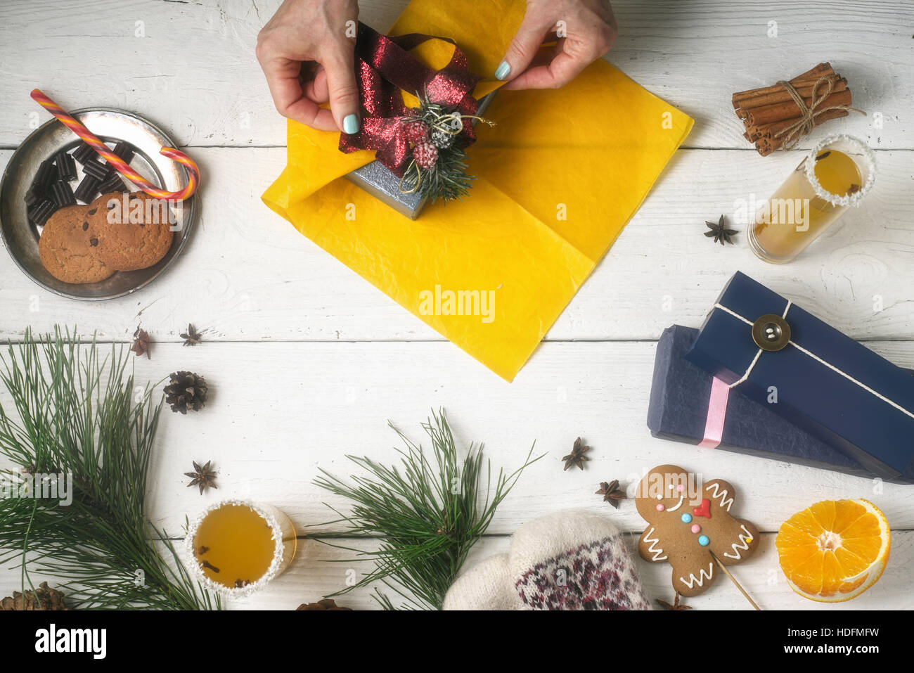 Gift packaging still life on the white wooden background Stock Photo ...