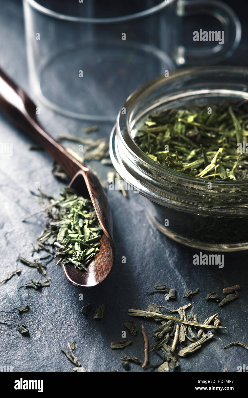 Set for tea preparation on the stone dark stone table vertical Stock ...