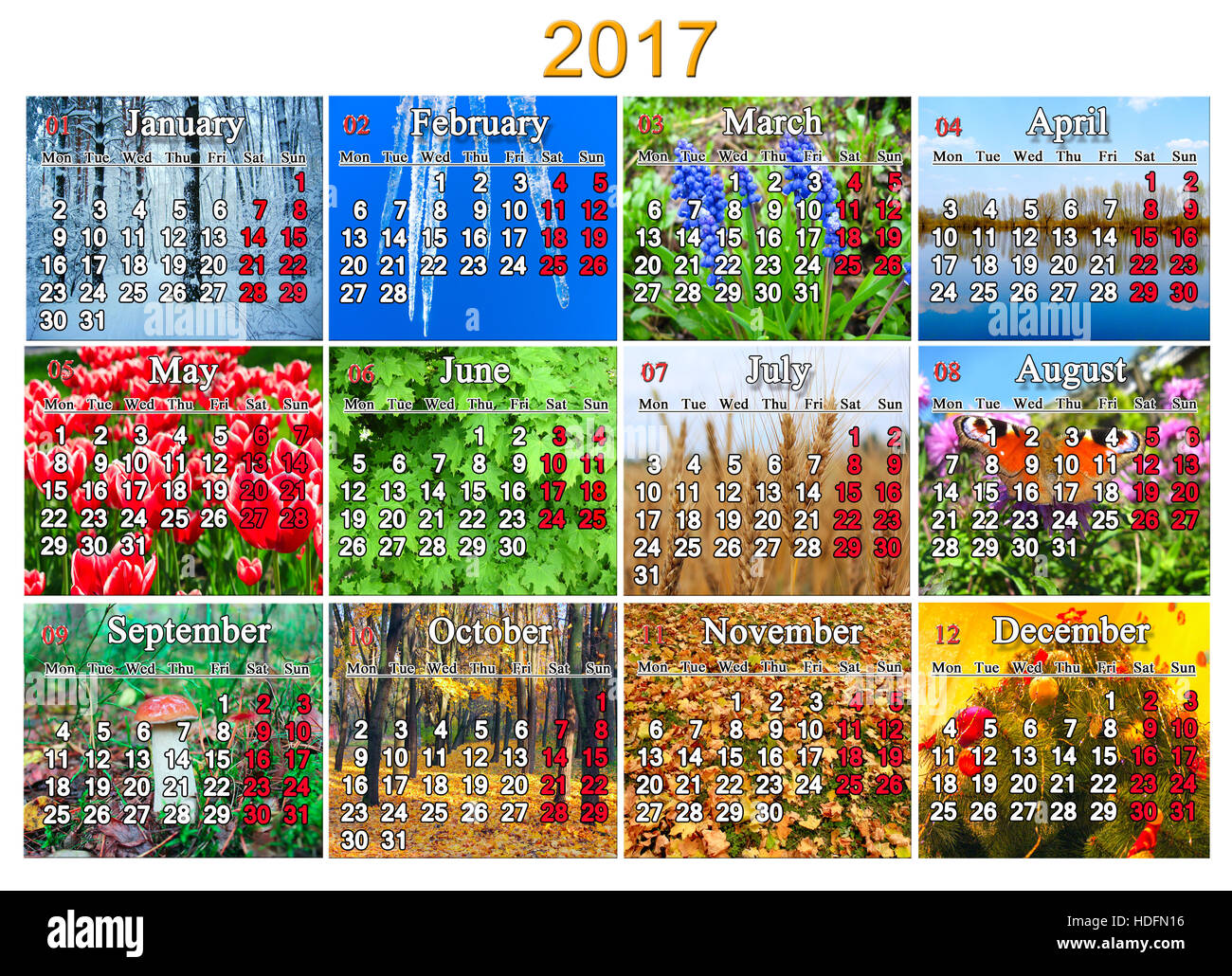 calendar for 2017 in English with photo of nature for every month Stock ...