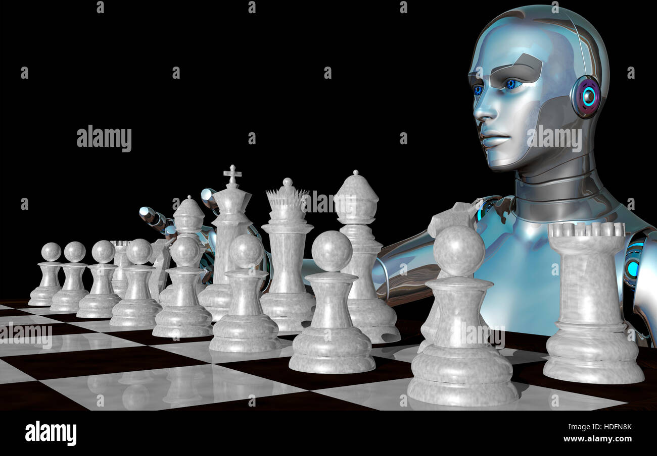 Female robot playing with the white chess pieces - 3d rendering Stock ...