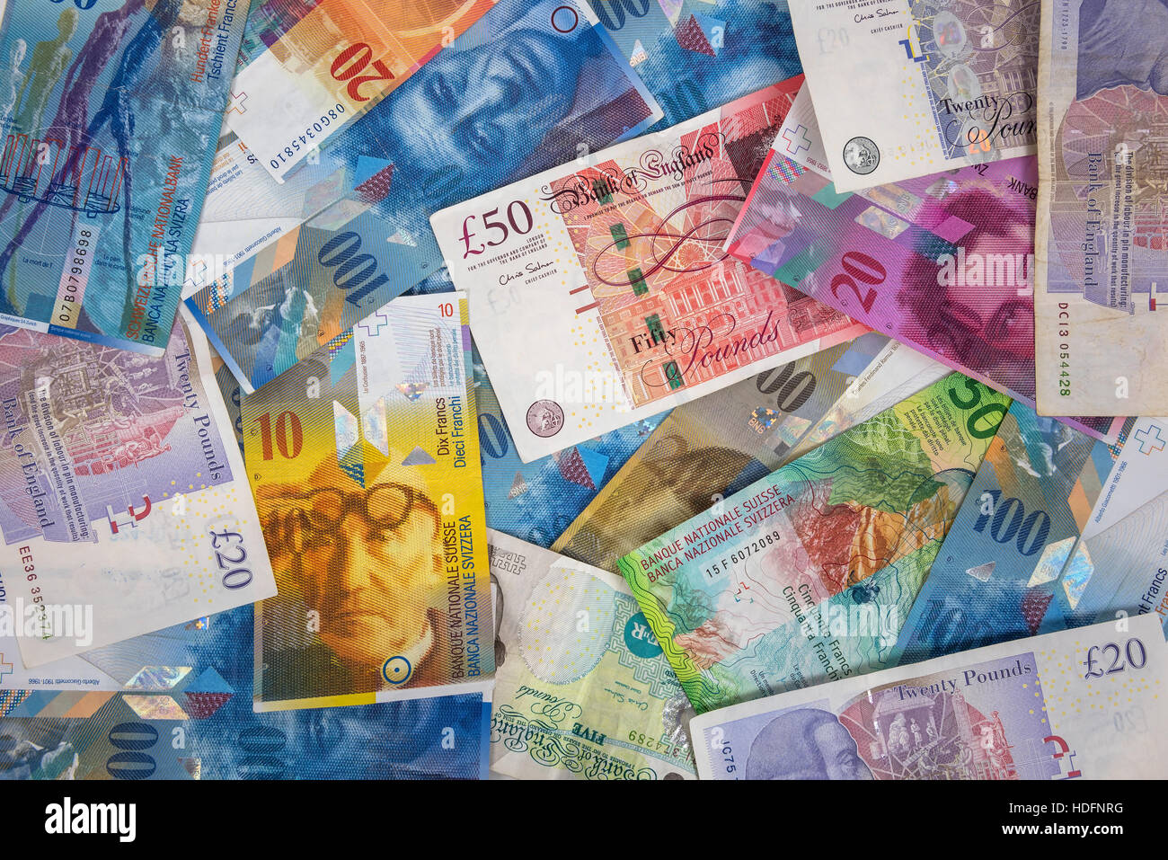 Background made of british pounds and swiss franc banknotes Stock Photo ...