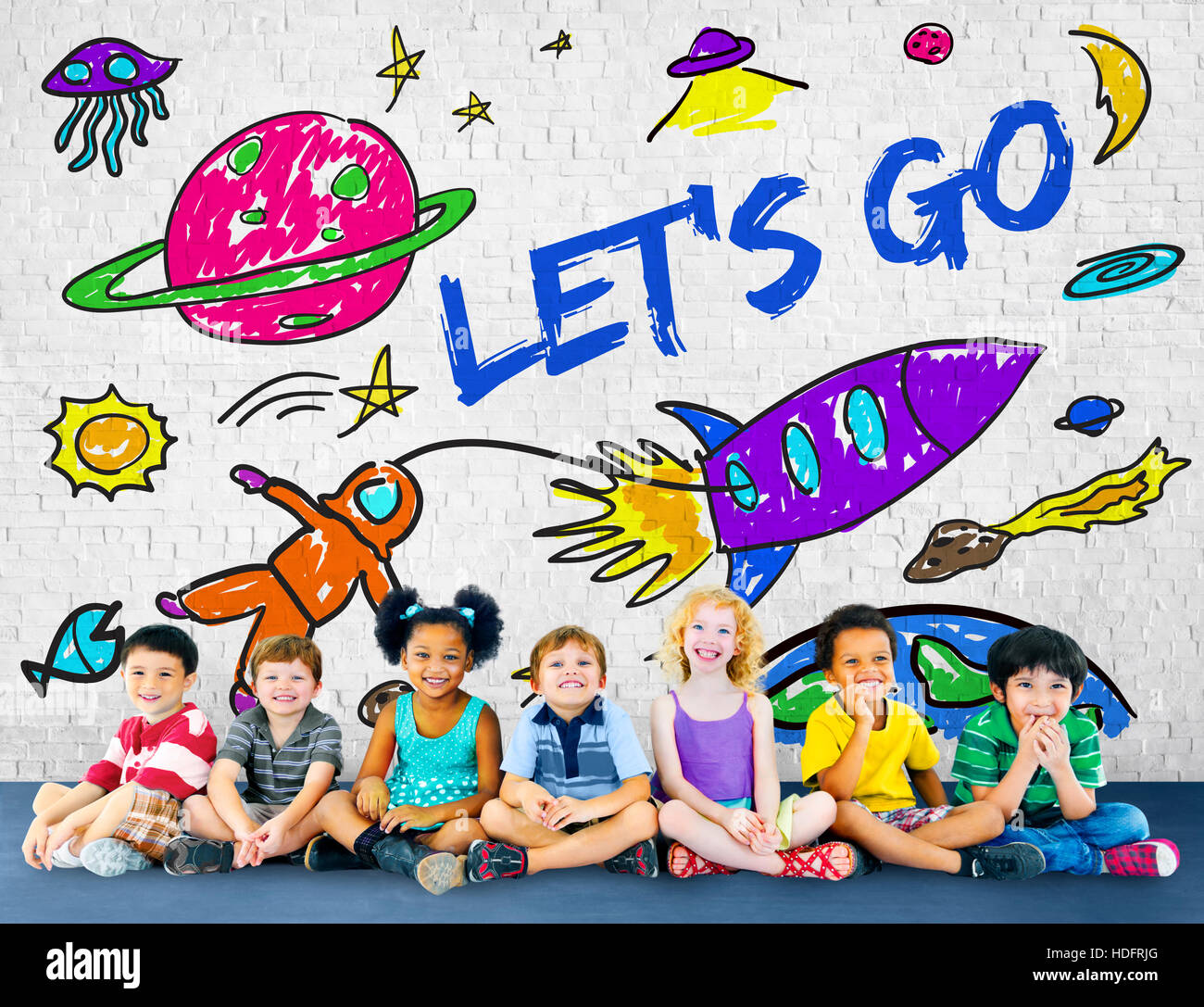 Kids Imagination Space Rocket Joyful Graphic Concept Stock Photo - Alamy
