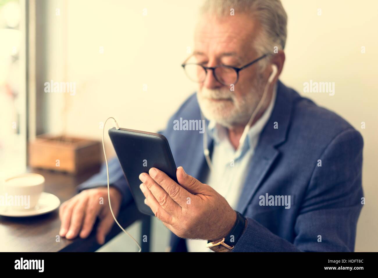 Senior Man Coffee Shop Communication Connection Technology Concept ...