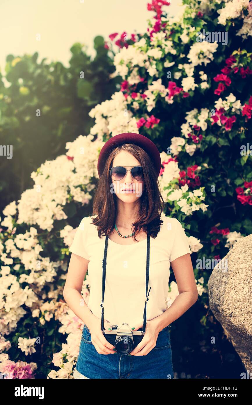 Girl Camera Photographer Focus Shooting Nature Concept Stock Photo - Alamy