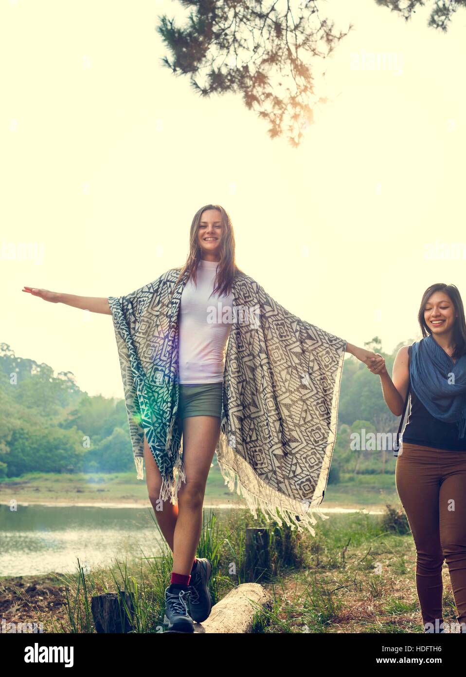 Girls Friends Exploring Outdoors Nature Concept Stock Photo - Alamy