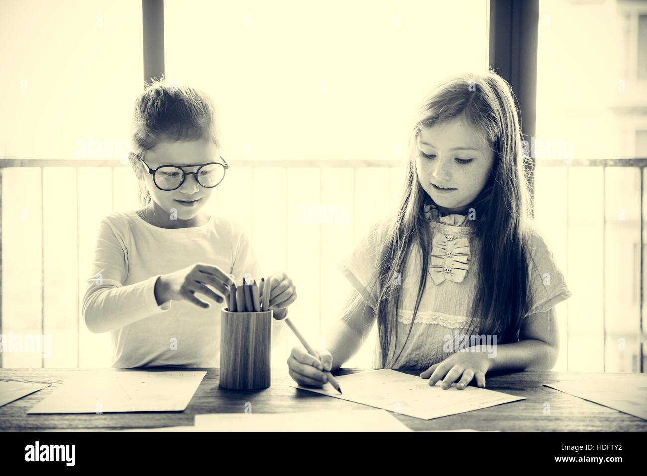 Girls Drawing Homework Study Concept Stock Photo - Alamy