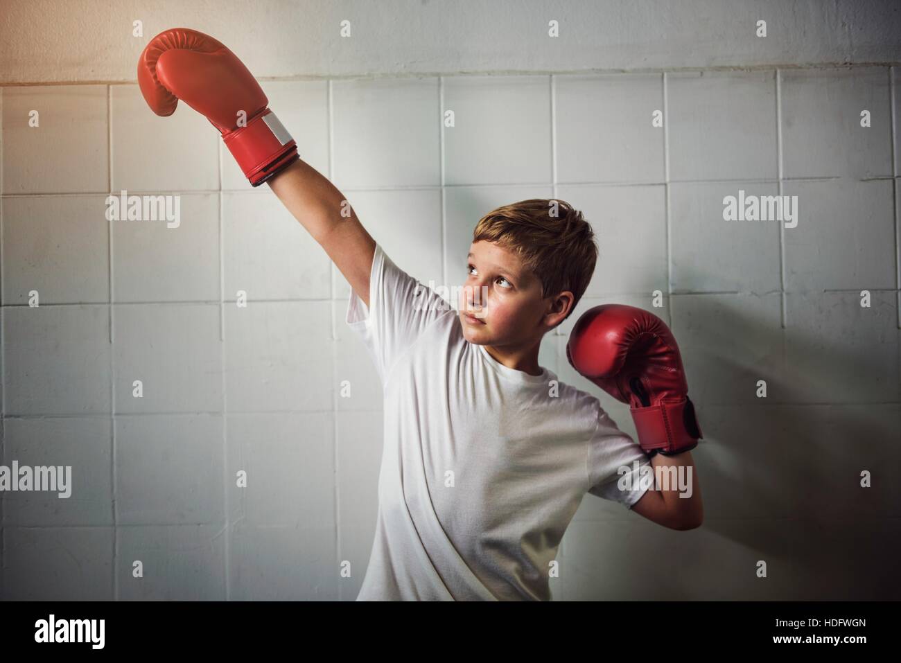 Boy Boxing Victory Confidence Posing Winning Concept Stock Photo - Alamy