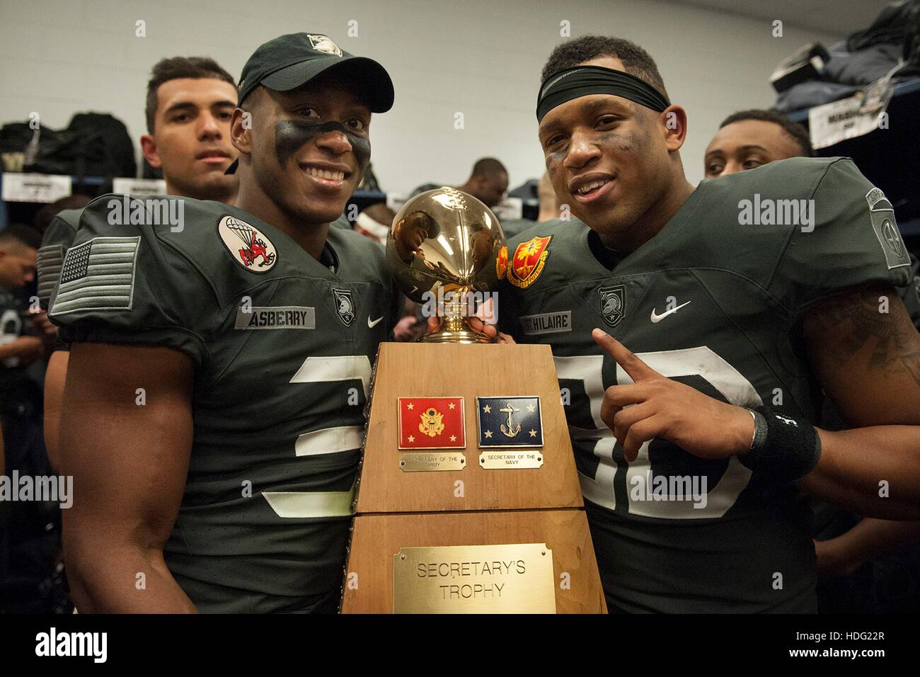 Army West Point football players Jordan Asberry, left, and Elijah St ...