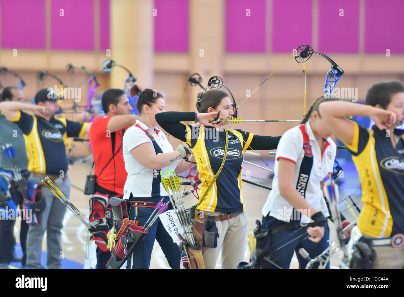 Bangkok, Thailand. 11th Dec, 2016. Archers in a row and shoot in Indoor ...
