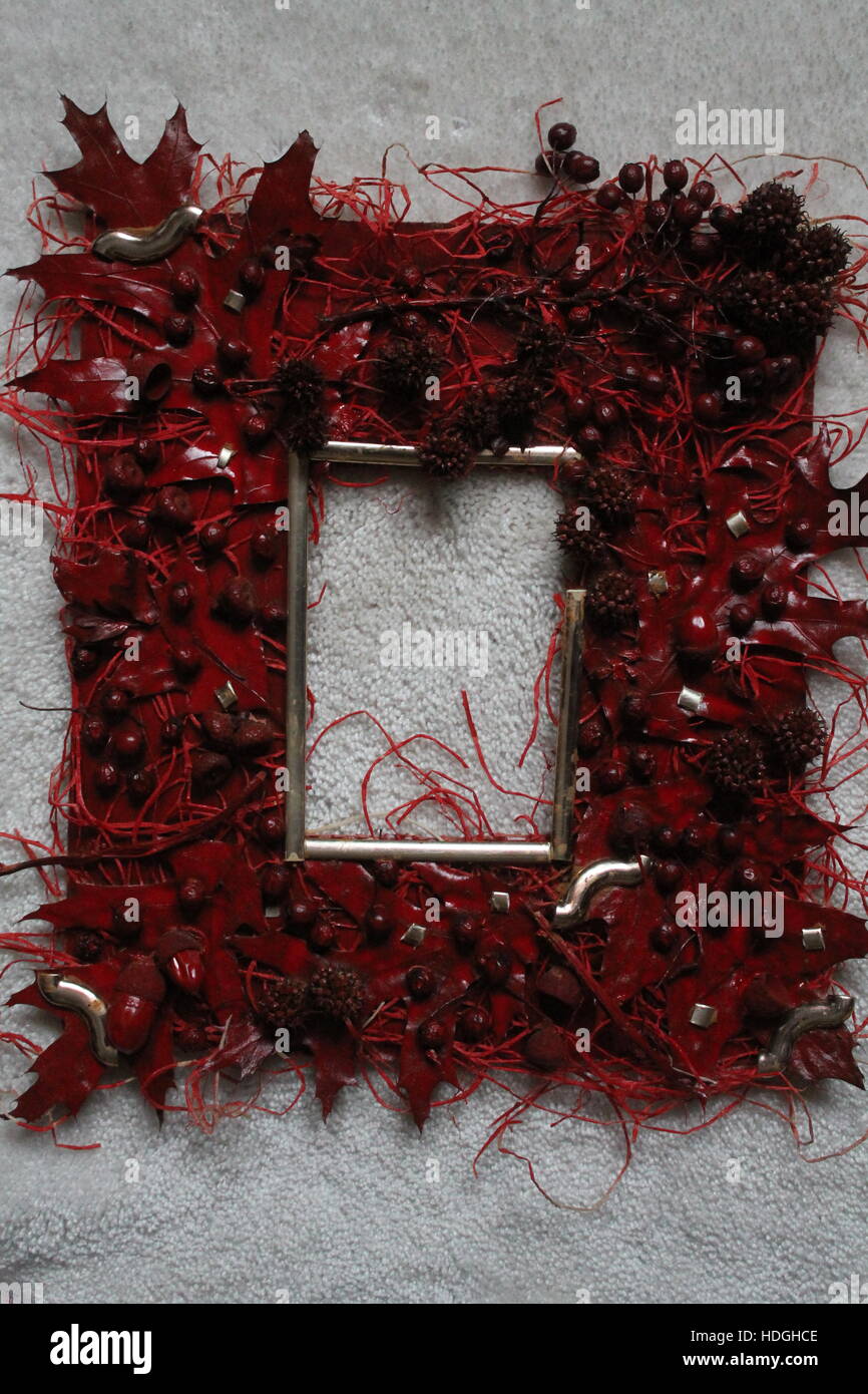 bright red color frame for save photo from natural material leaves ...