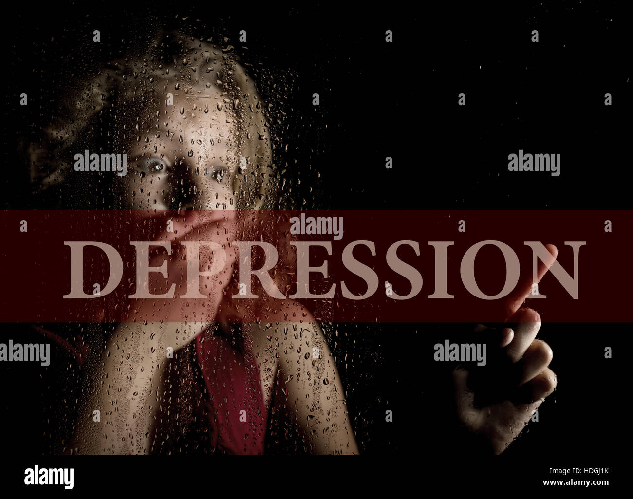 depression written on virtual screen. hand of frightened young girl ...