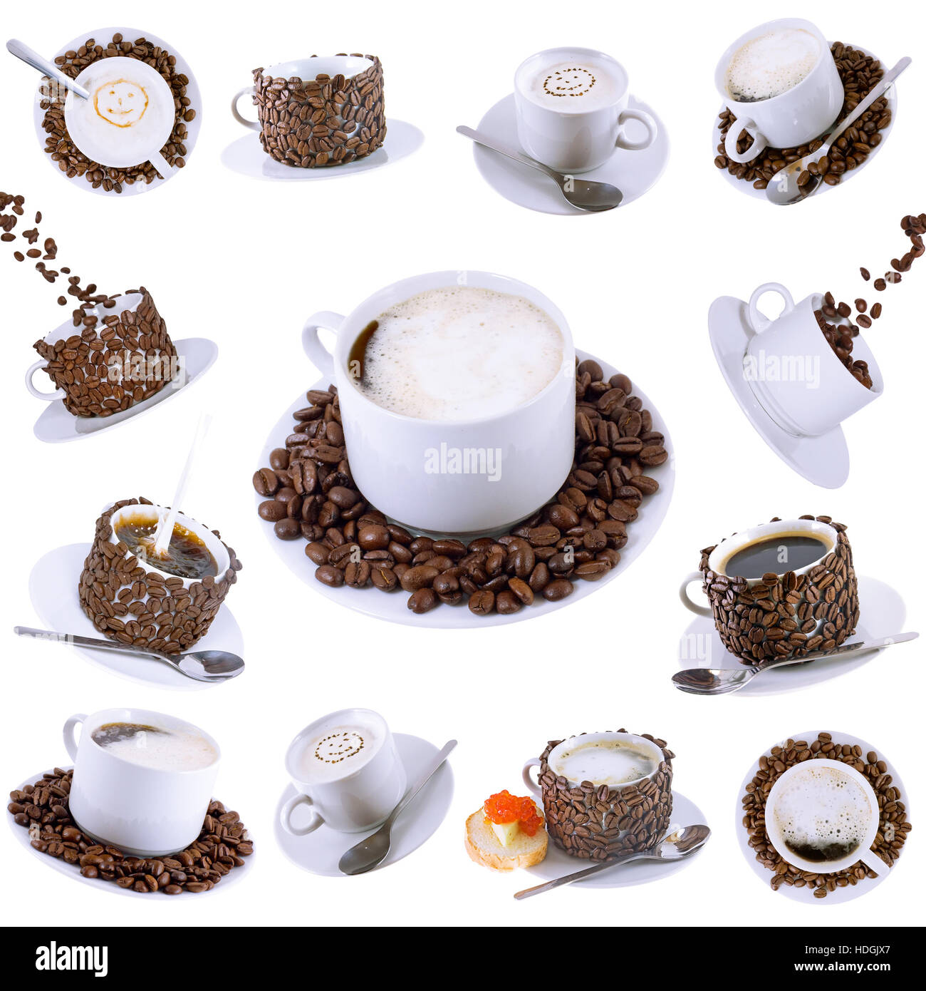 Collage (collection) of various coffee cups with coffee. Isolated over ...