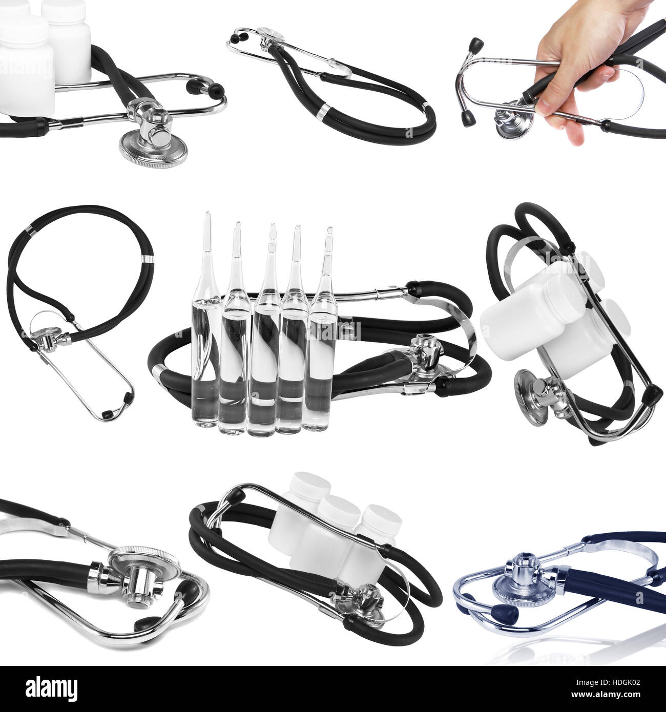 Collage (collection) of medicine tools- phonendoscope,ampule on white ...