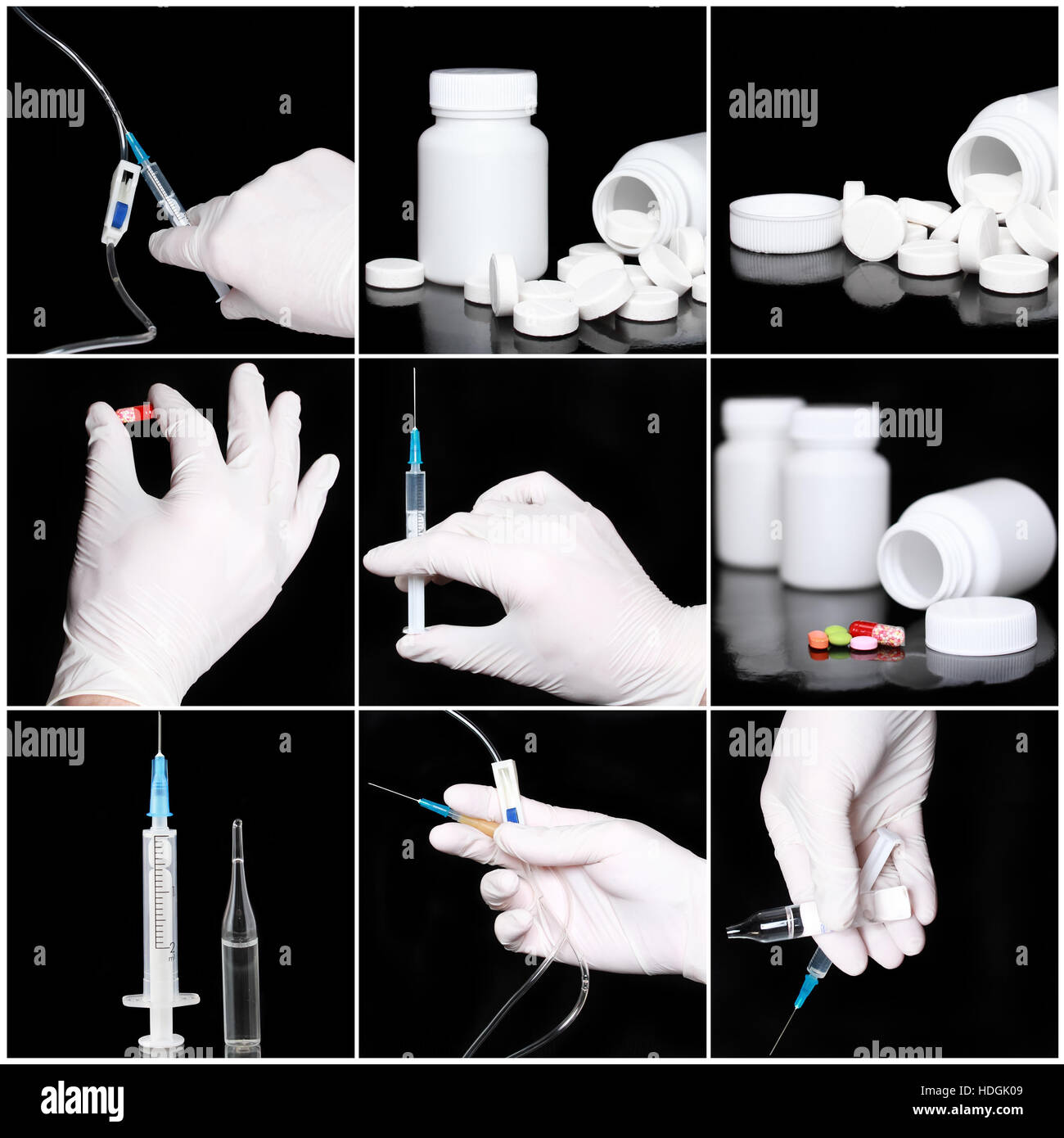 Collage of medicine- pills bottle,infusion set, hands with syringe . On ...