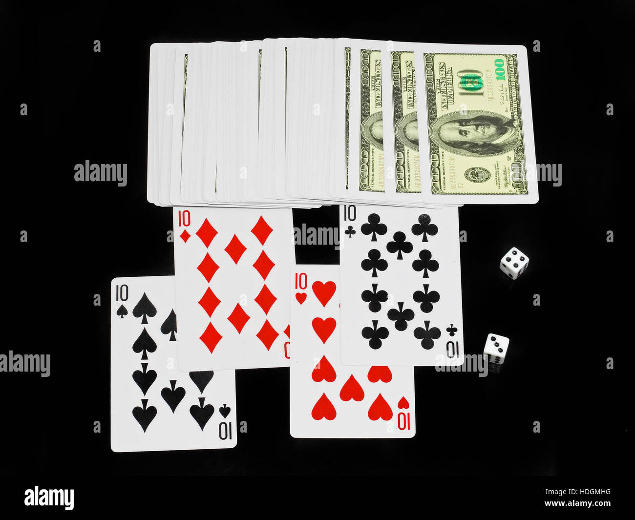 The dice and playing cards on black background Stock Photo - Alamy