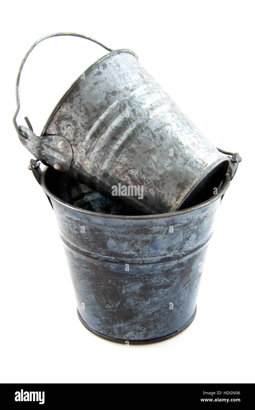 Two old vintage buckets isolated over white Stock Photo - Alamy