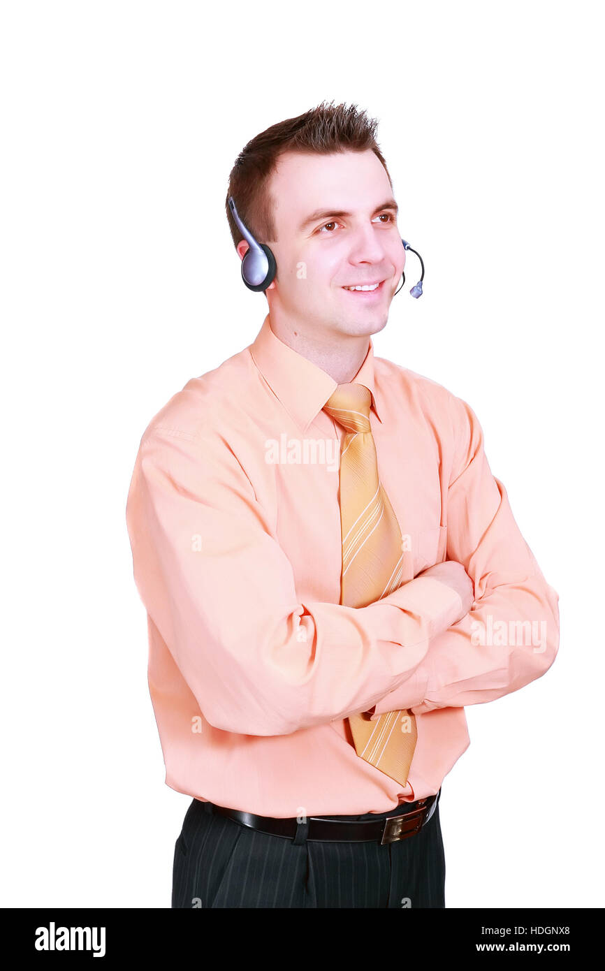 Portrait of operator call-centre on white background. Isolated over ...