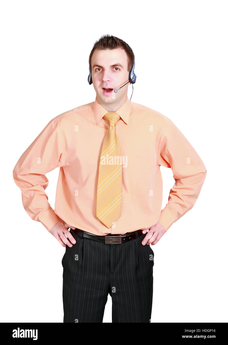 Portrait of operator call-centre on white background. Isolated over ...