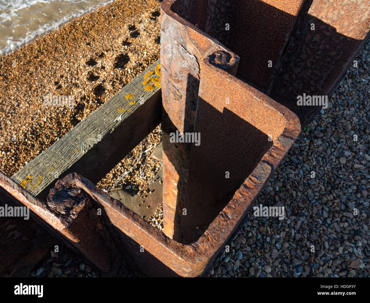 Heavily rusted and corroded steel interlocking sea defenses Stock Photo ...