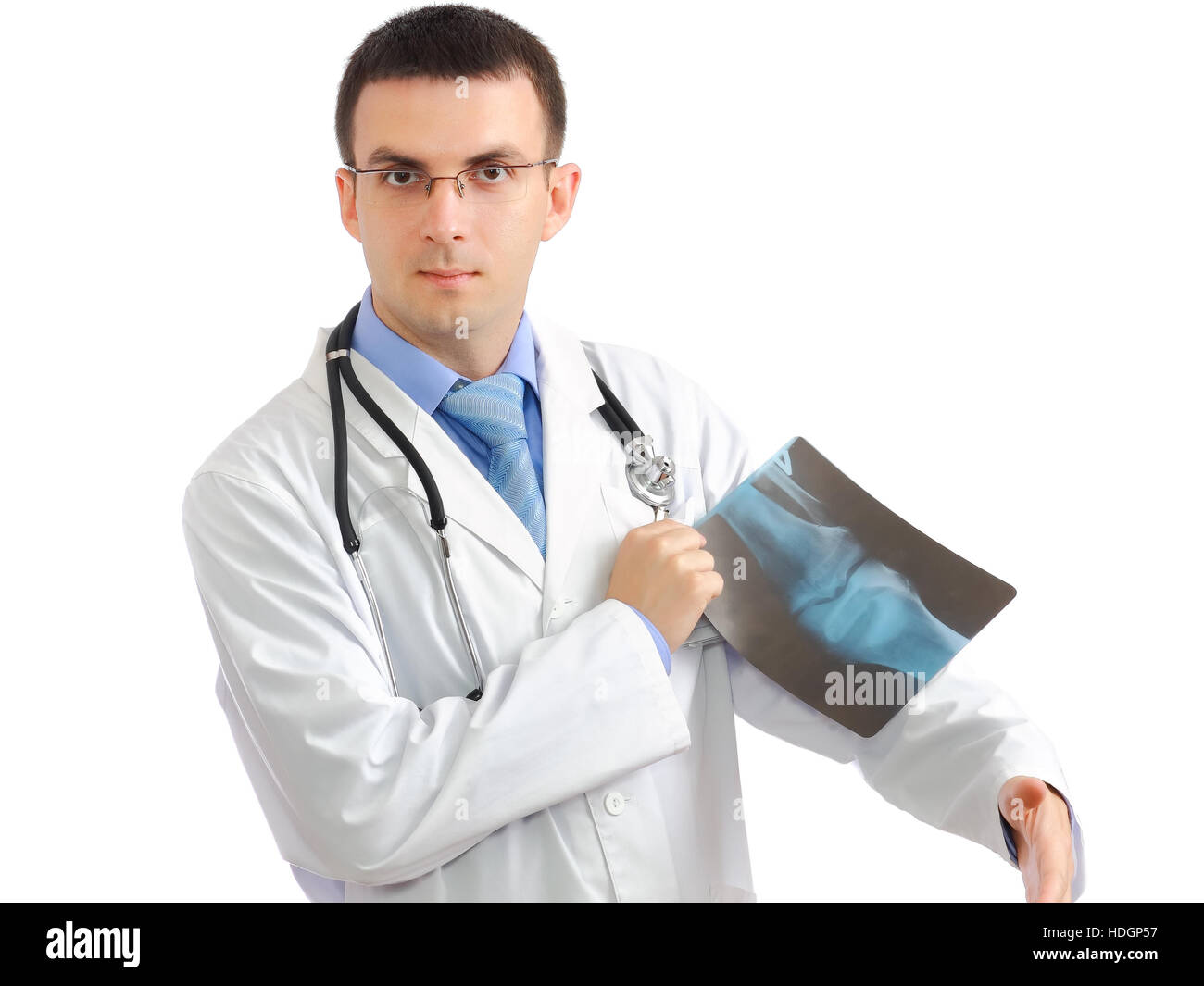 Friendly medical doctor stand in playful position with x-ray image ...