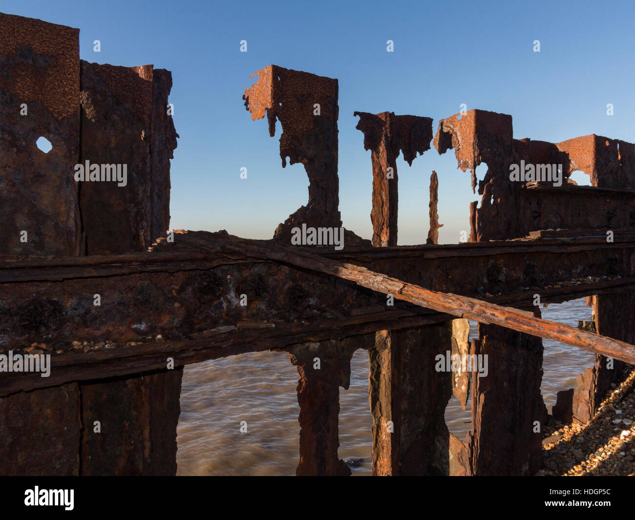 Heavily rusted and corroded steel interlocking sea defenses Stock Photo ...