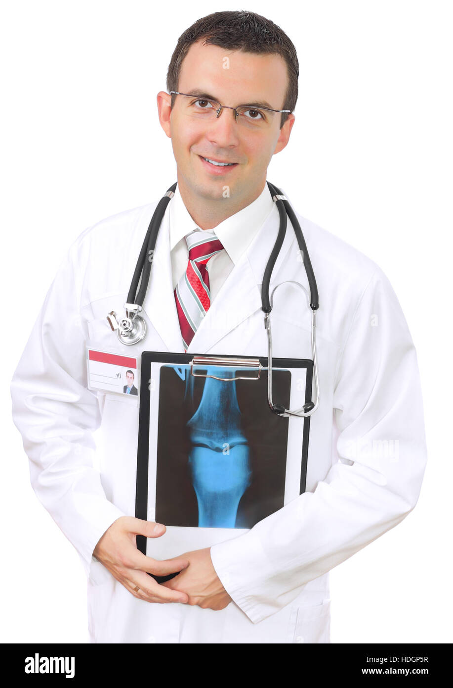 Friendly medical doctor stand with a x-ray image and medical pad ...