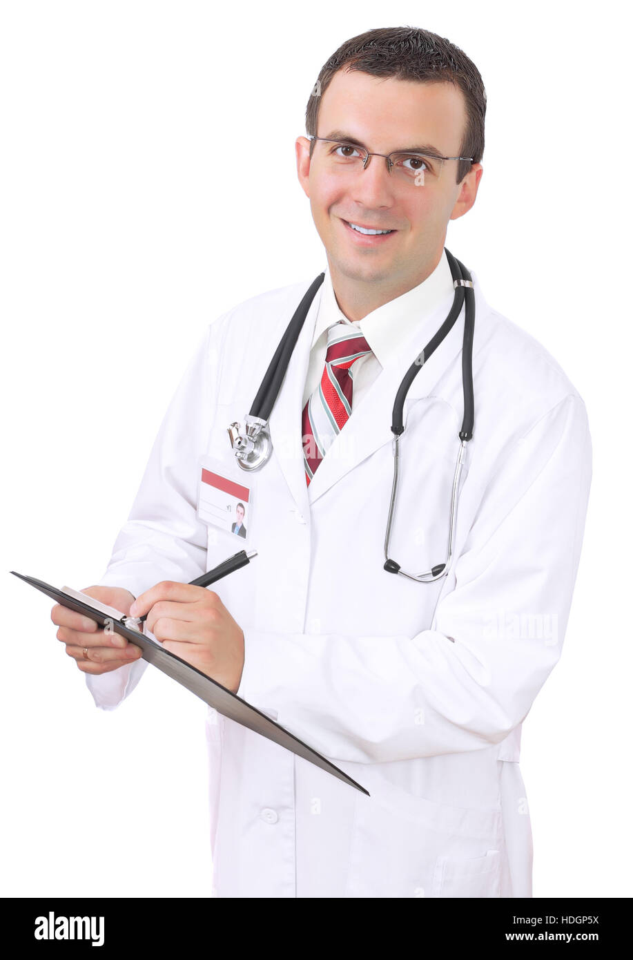 Portrait of medical doctor. Write on paper pad. Isolated over white ...
