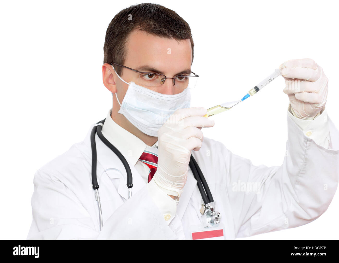 Doctor fill syringe medication from ampule. Isolated over white Stock ...