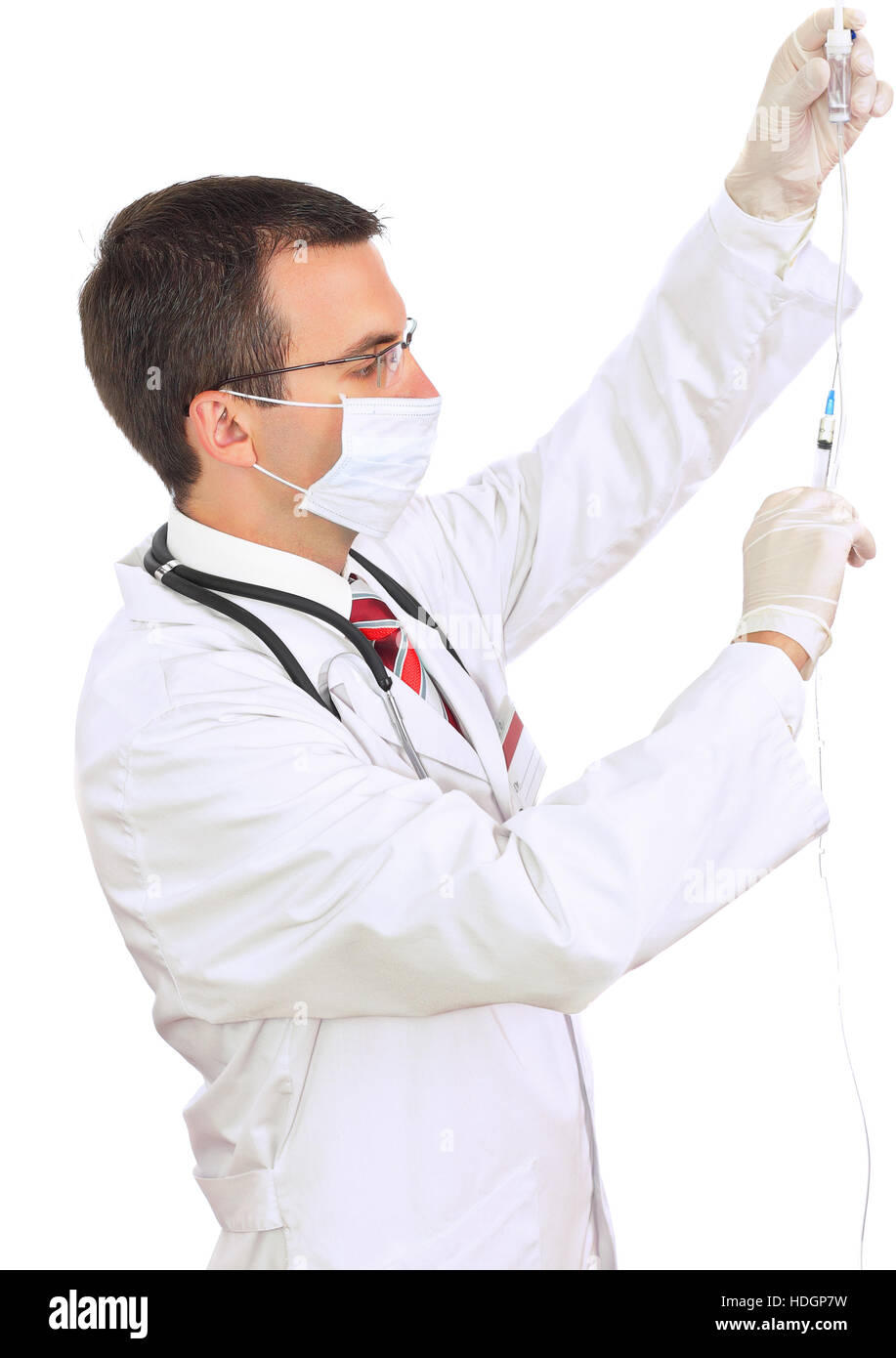 Doctor attach syringe medication to (medicine) dropper. Isolated Stock ...