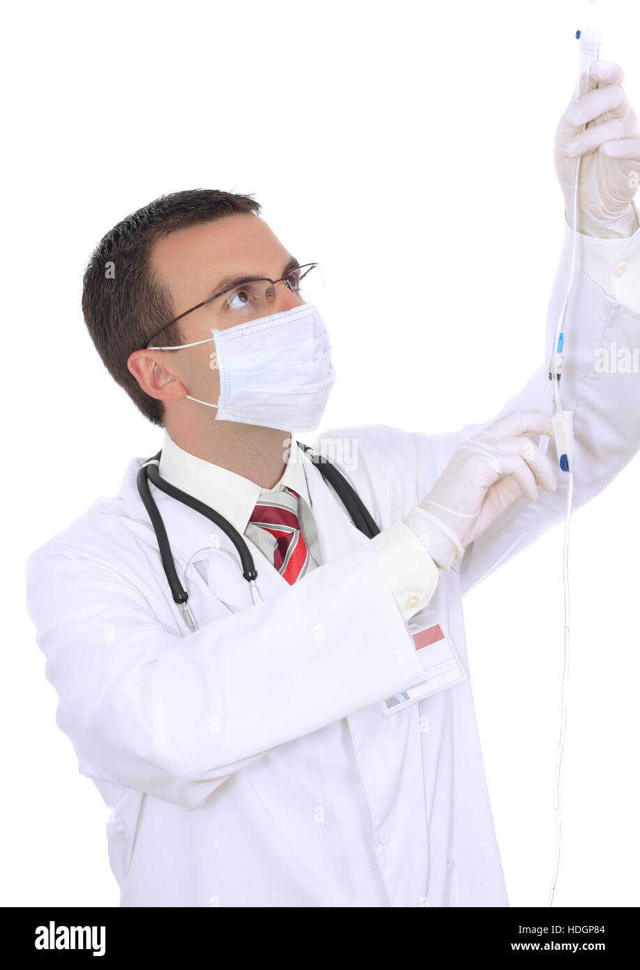 Doctor attach syringe medication to (medicine) dropper. Isolated Stock ...