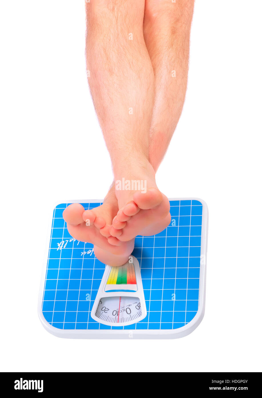 Man's legs , which weighed on floor scale. Isolated over white Stock ...