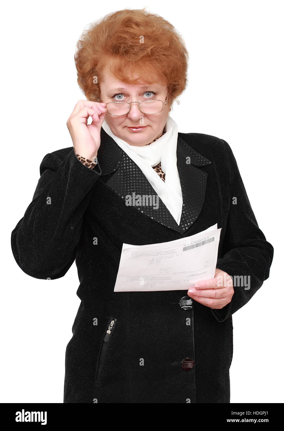 Senior lady standing with apartament rent bill. Isolated over white ...