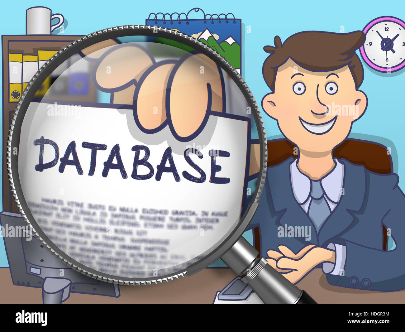 Database. Business Man Sitting in Office and Holds Out a through ...