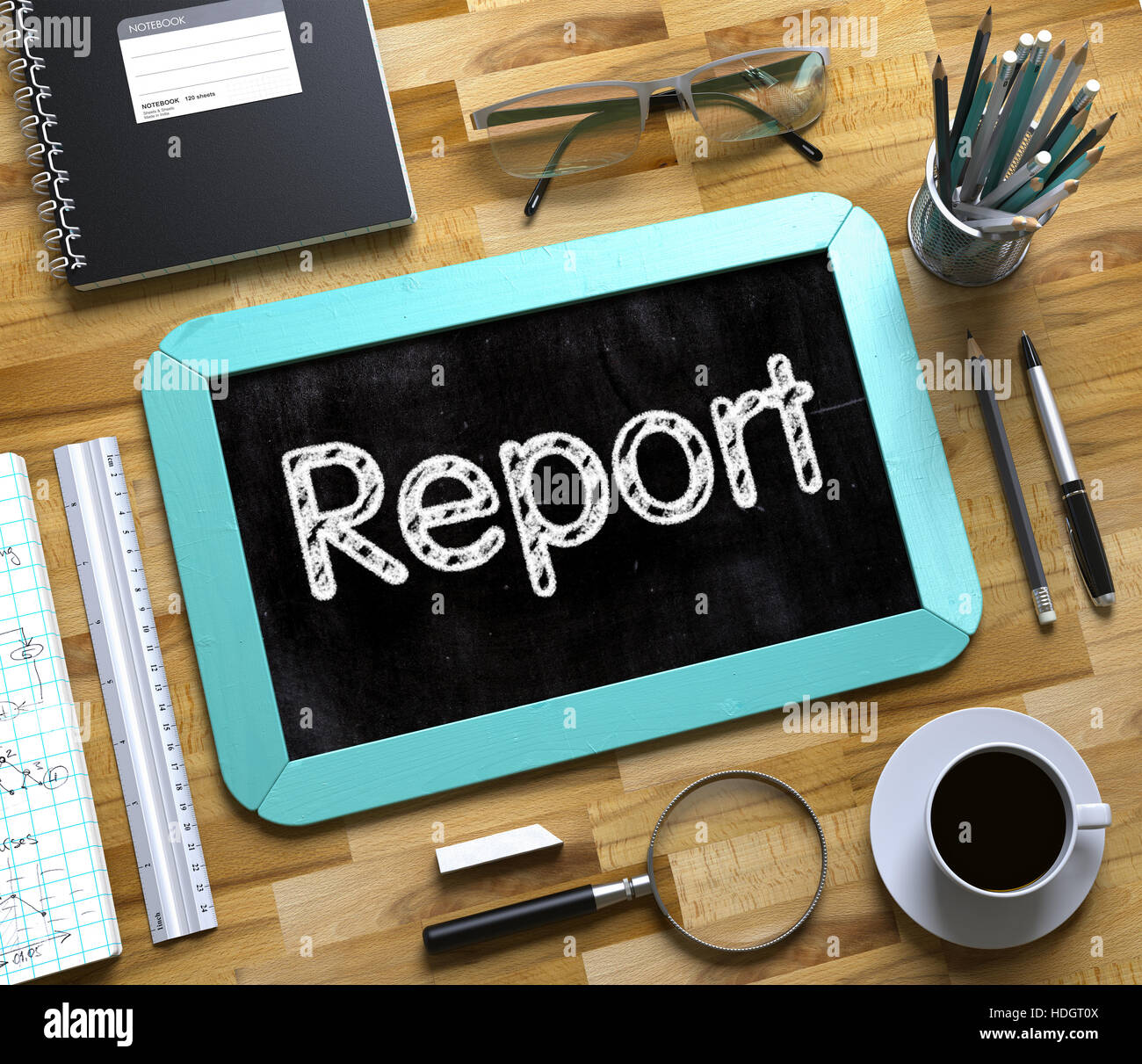 Report Concept on Small Chalkboard. Top View of Office Desk with ...