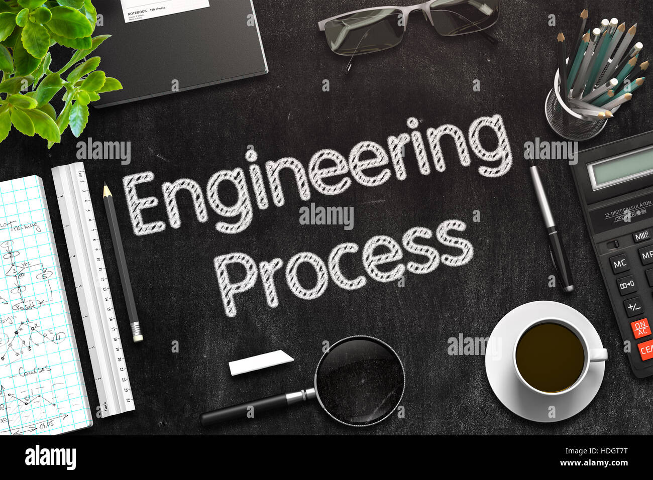 Black Chalkboard with Engineering Process Concept. 3d Rendering. Toned ...