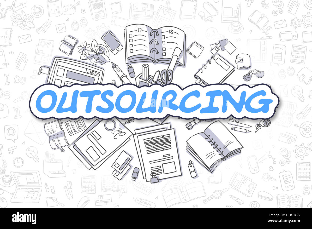 Cartoon Illustration of Outsourcing, Surrounded by Stationery. Business ...